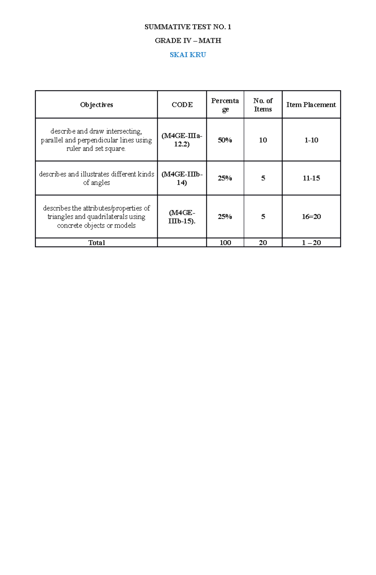 Grade IV Math Summative Test #1 - Intersecting & Parallel Lines - Studocu