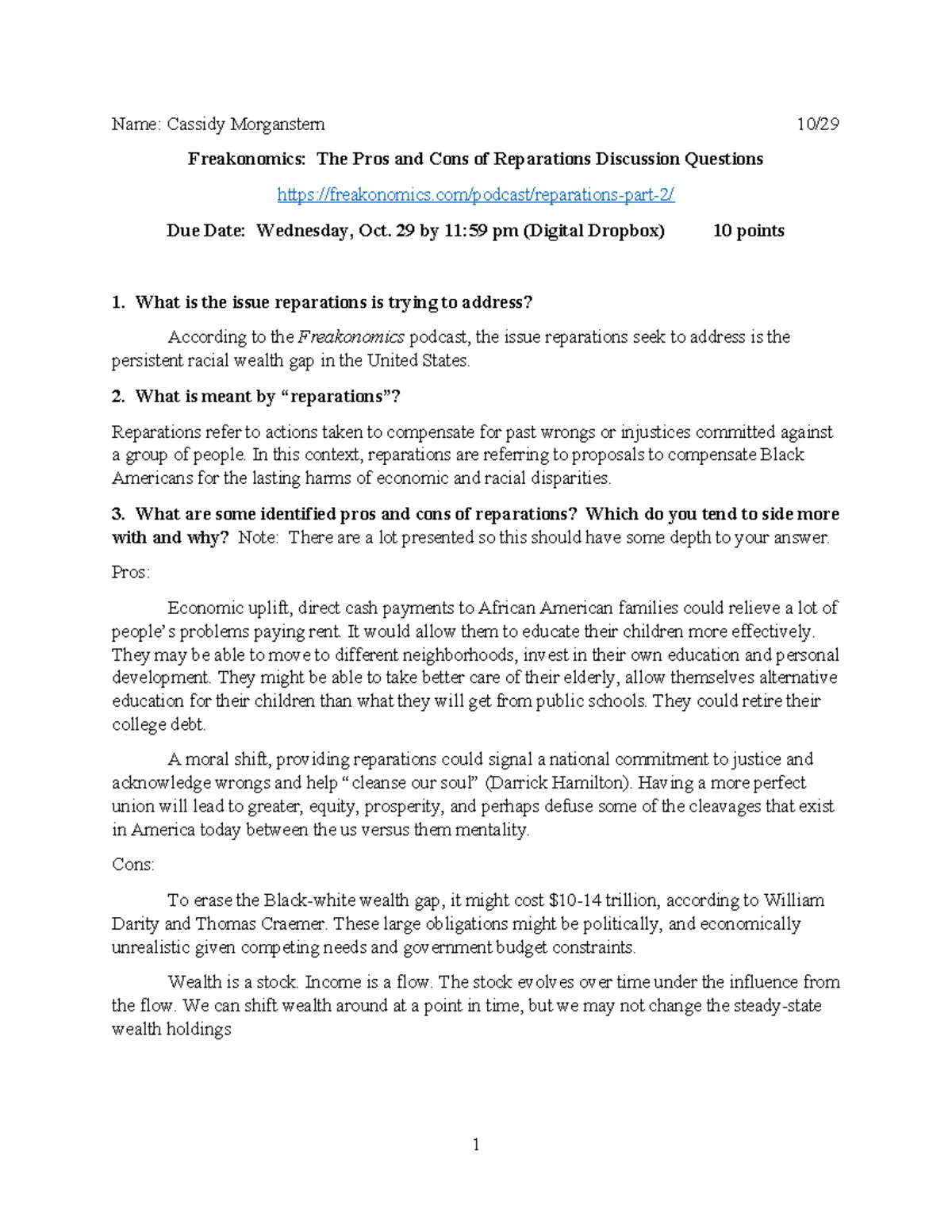 Freakonomics: Pros & Cons of Reparations Discussion Questions - Studocu