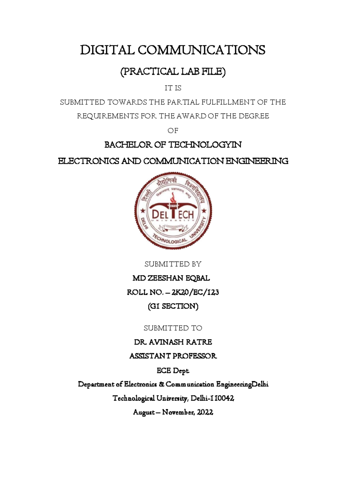 Digital Communication Lab File: MATLAB Experiments for ECE (EC101 ...