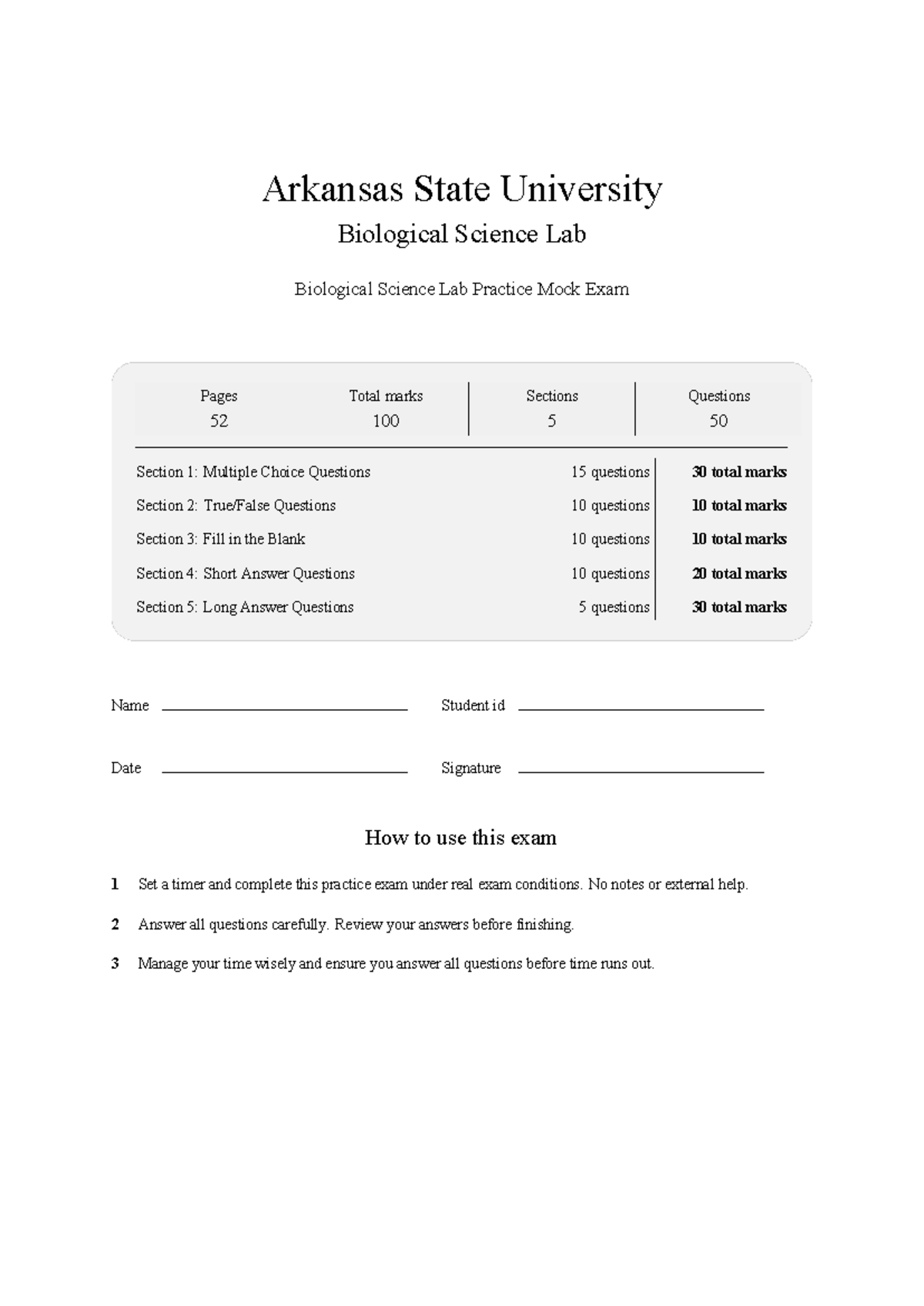 BIOL 1001 Biological Science Lab Practice Mock Exam 2026 - Studocu