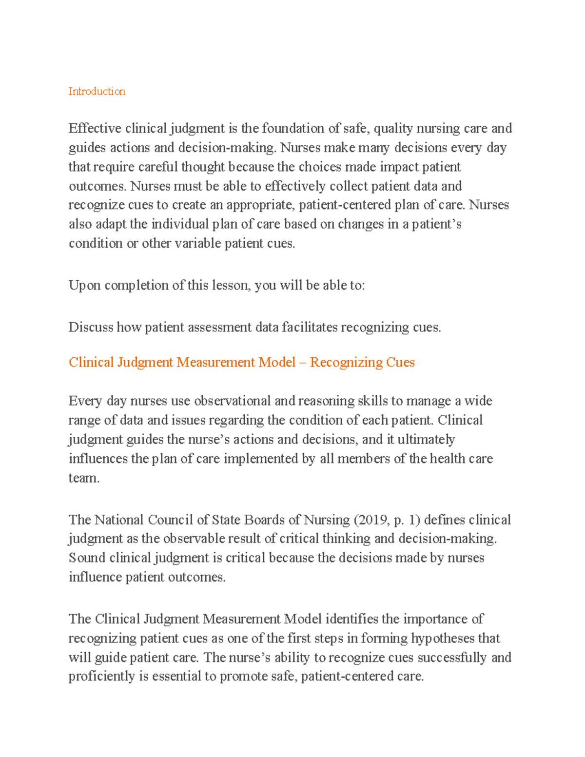 NUR 101: Recognizing Cues from Patient Assessment Data - Studocu