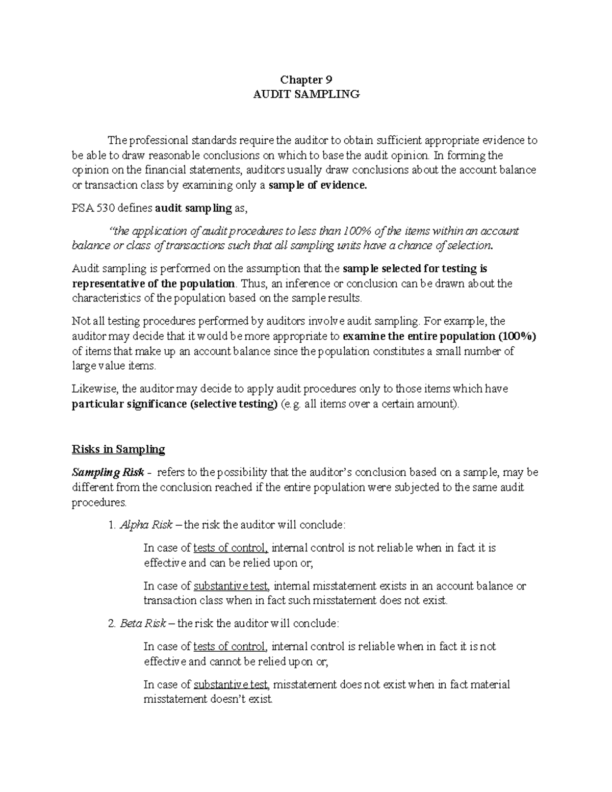 Audit Sampling Summary - Key Concepts from Chapter 9 (ACCT 101) - Studocu