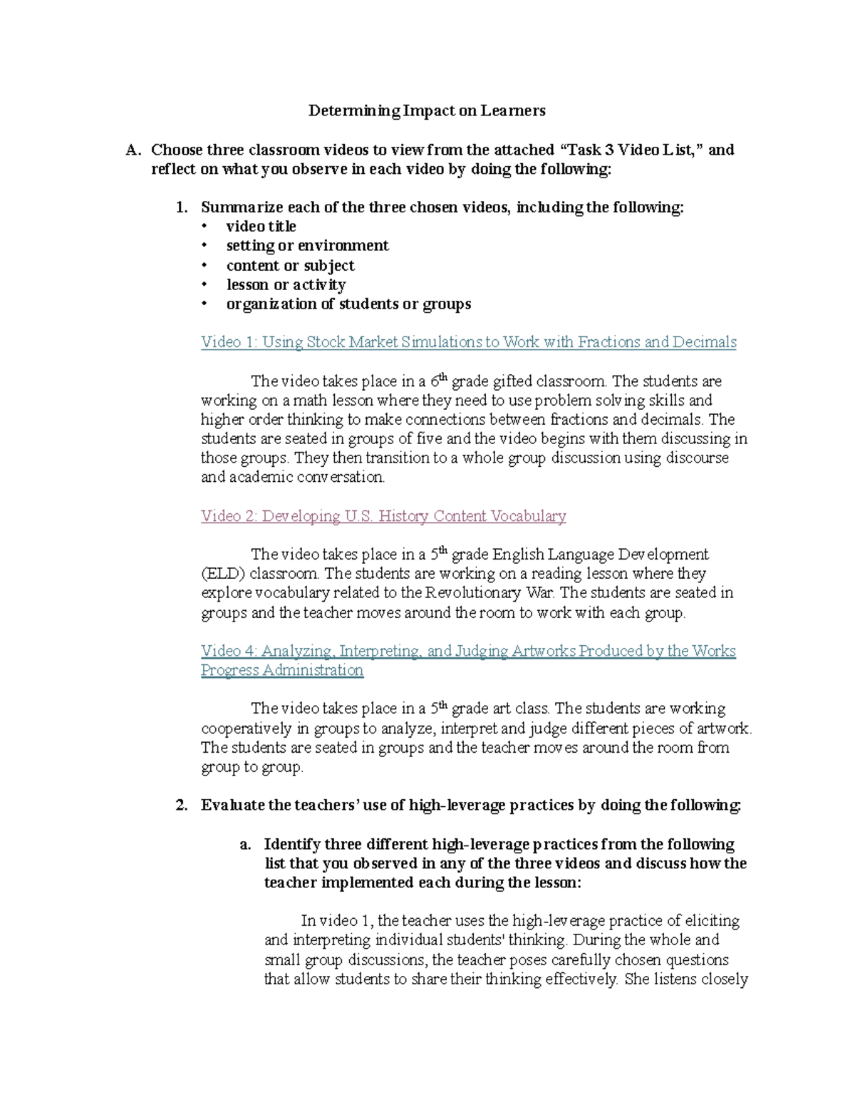 D172 Task 3: Analyzing Classroom Videos on Student Engagement - Studocu