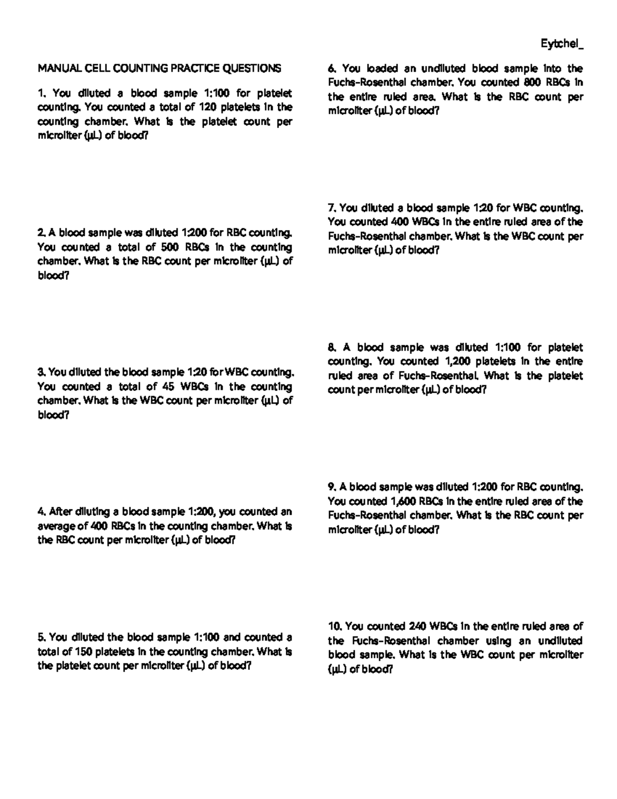 Manual Cell Counting Practice Questions (BIO 101) - Studocu