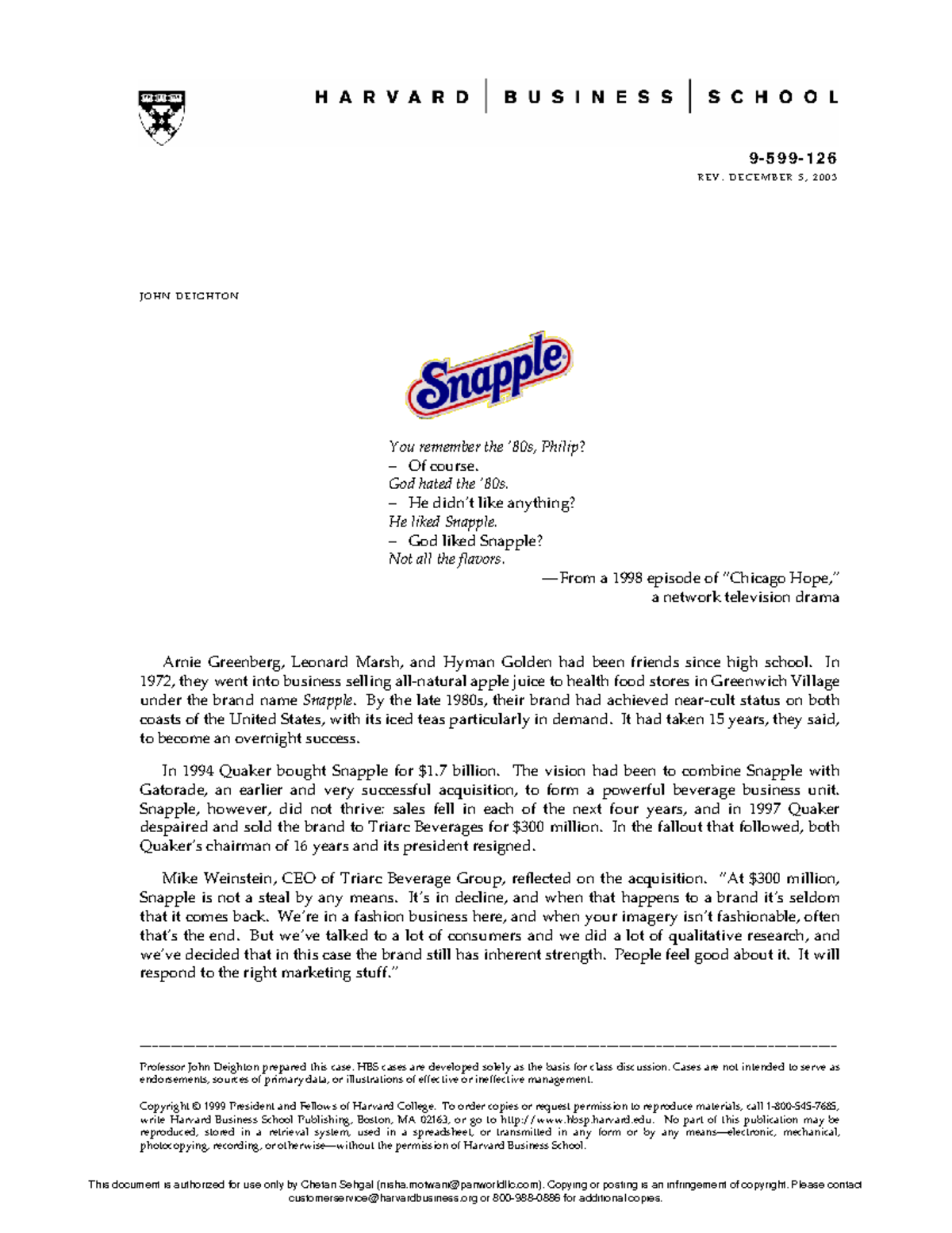 Snapple Case Study: Insights and Strategies (HBS Case) - Studocu
