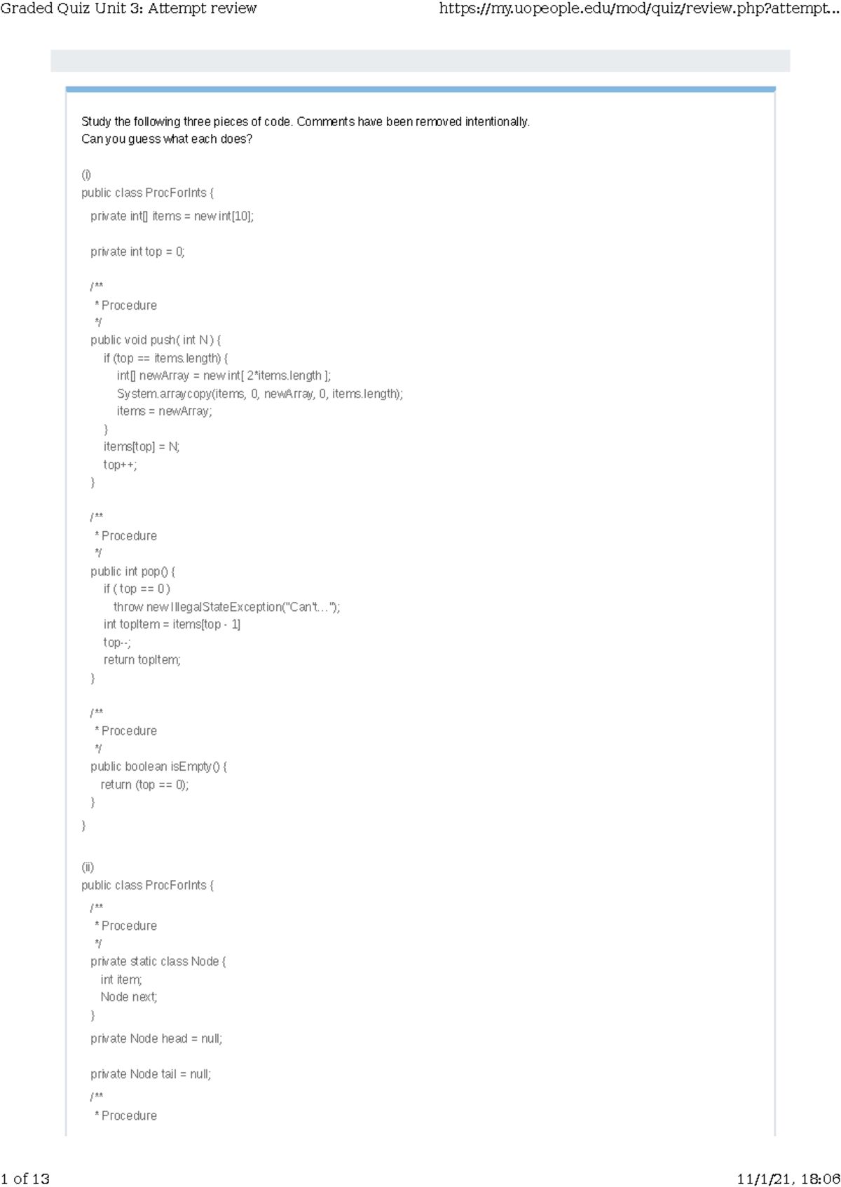 Graded Quiz Unit 3 CS 1103 - Study the following three pieces of code ...