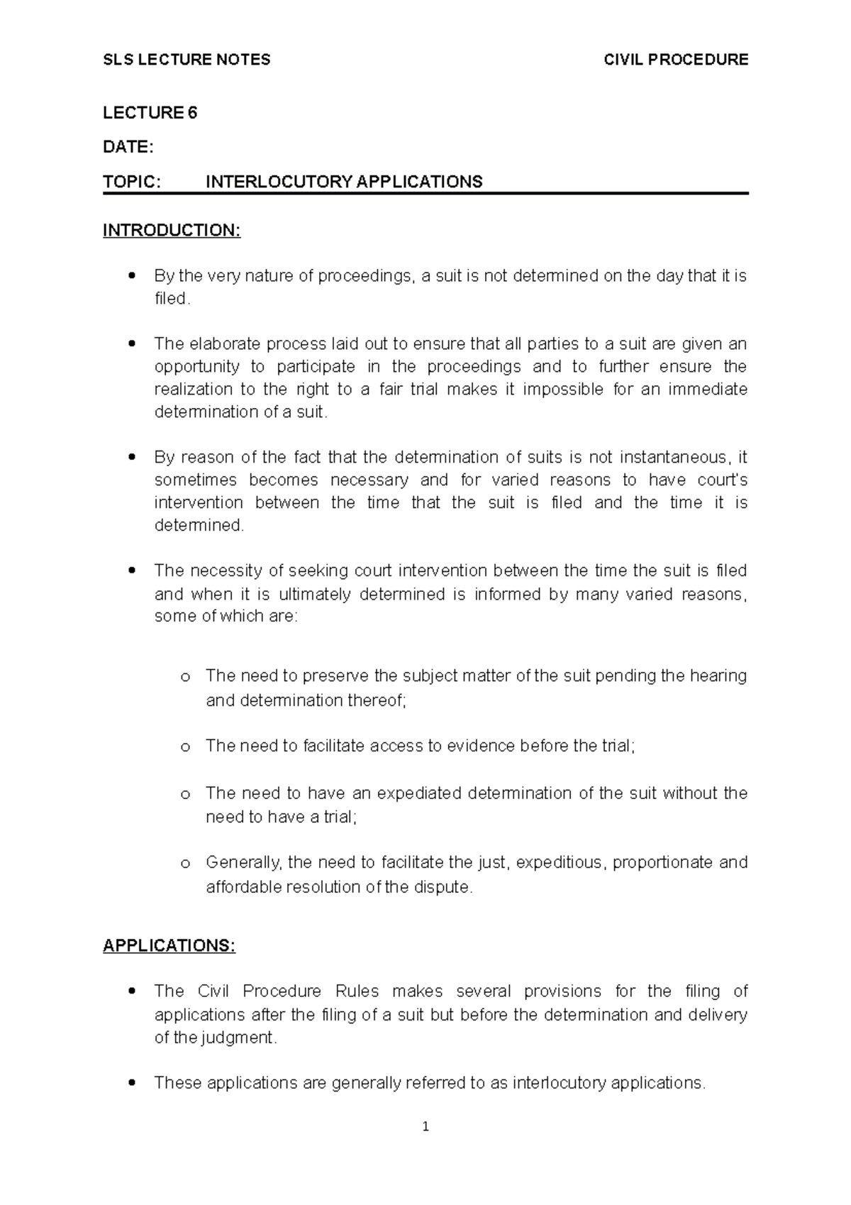 Lecture 6: Understanding Interlocutory Applications in Civil Procedure ...