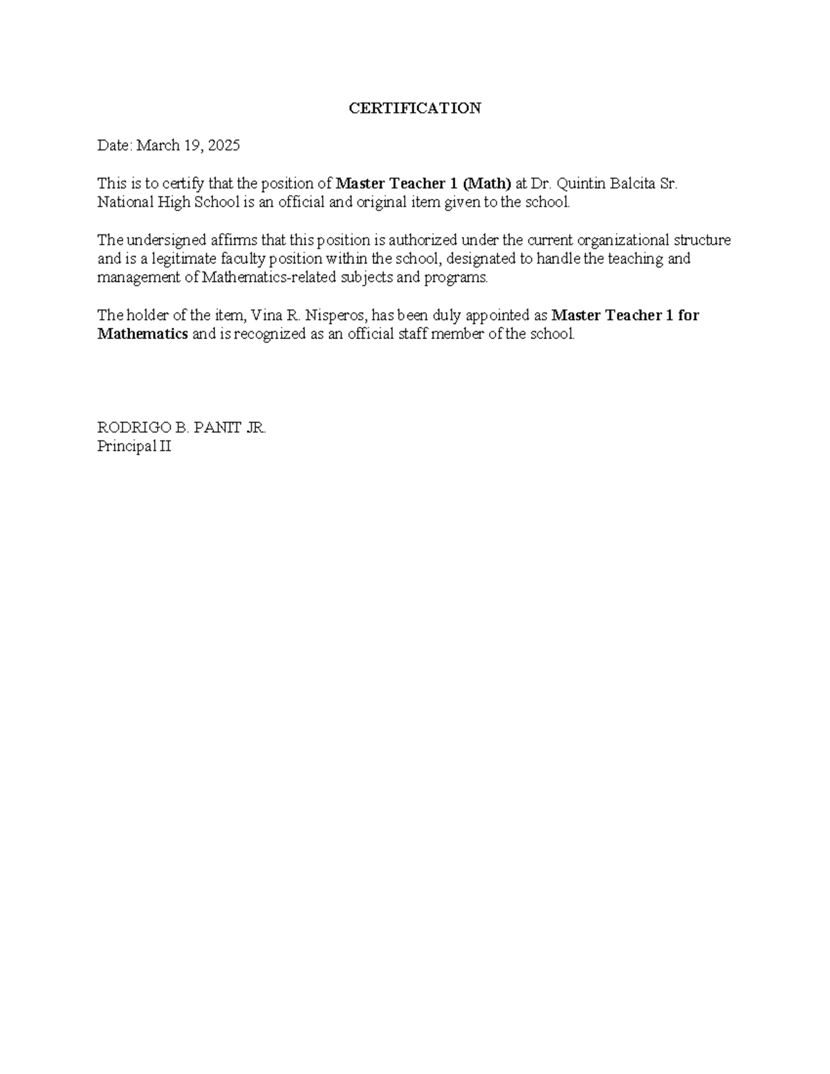 Certification of Master Teacher 1 Position (MT 20) - Studocu