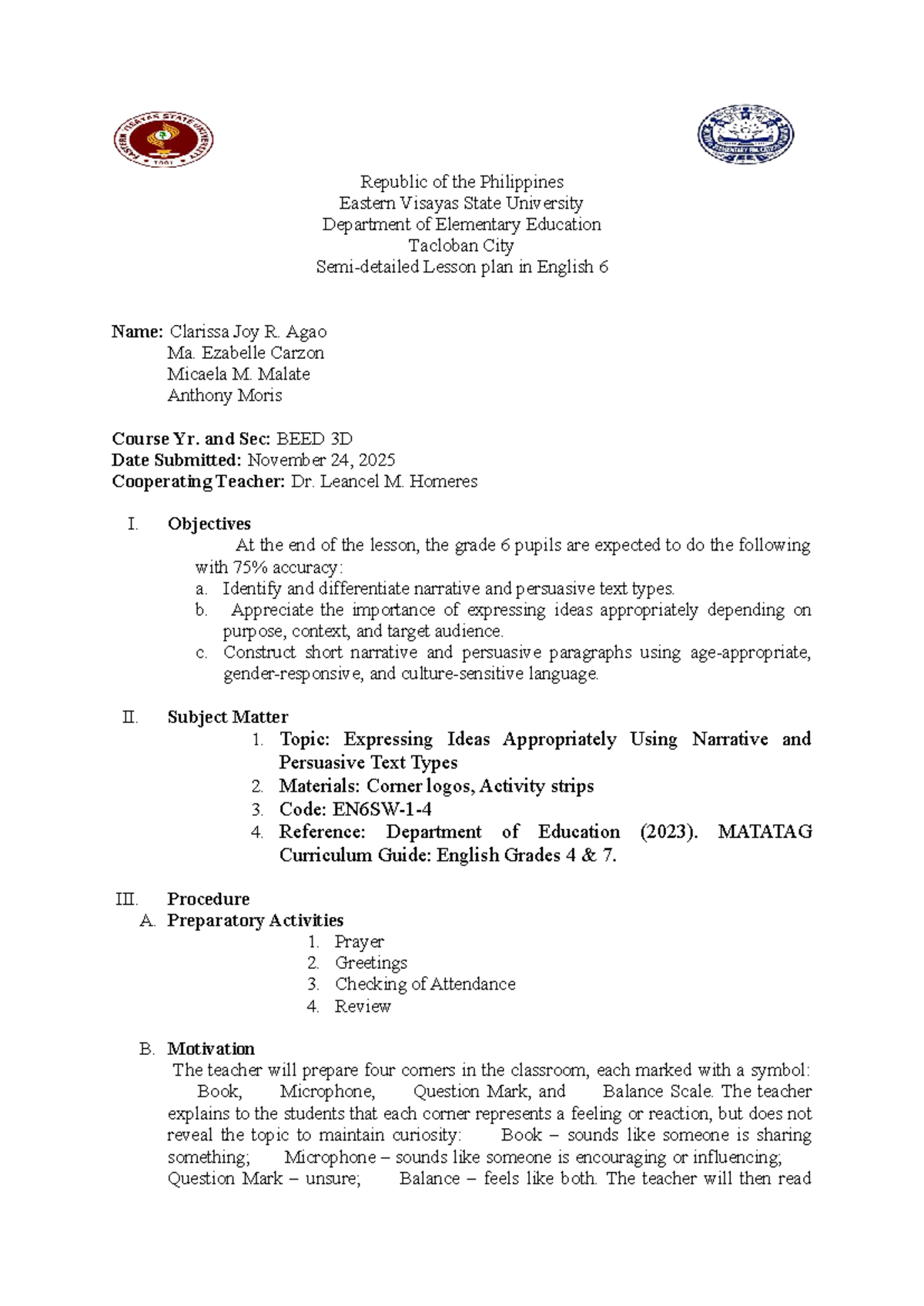 BEED 3D Lesson Plan: Expressing Ideas with Narrative & Persuasive Texts ...