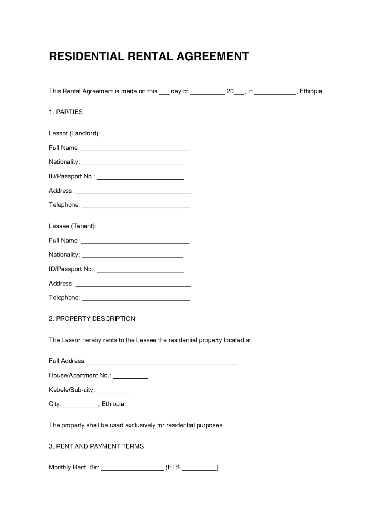 Residential Rental Agreement Sample - Ethiopia - Studocu
