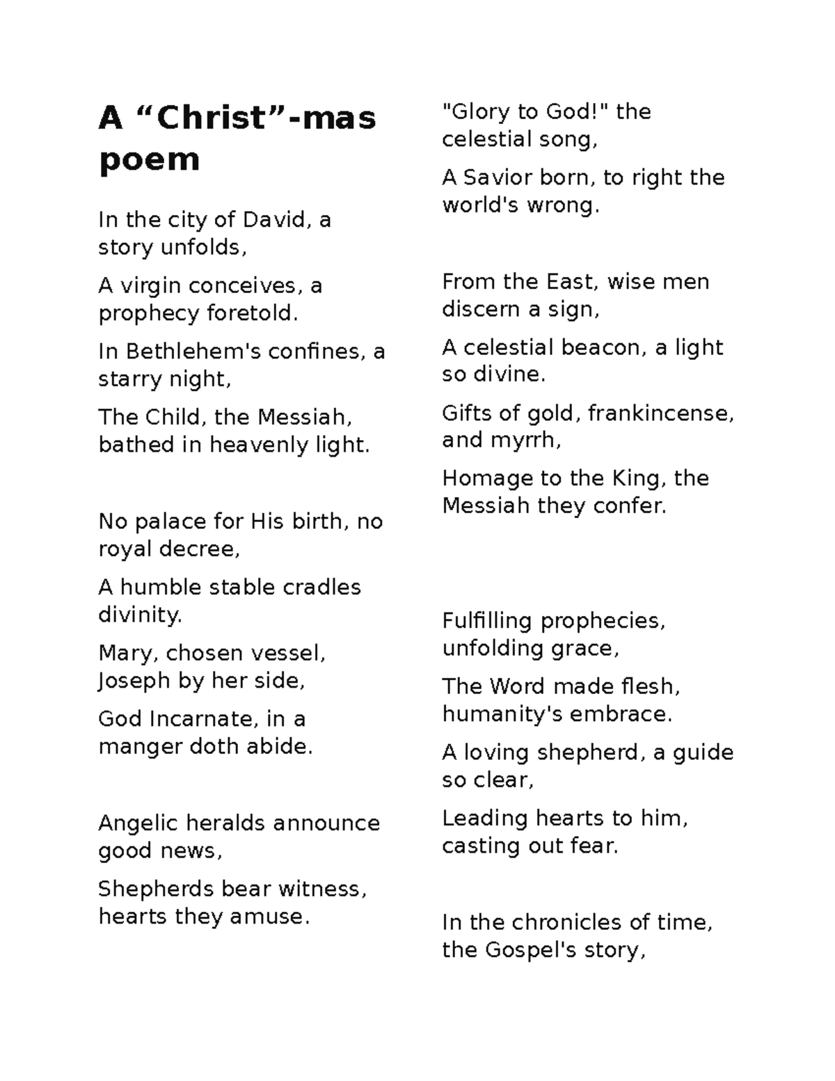 A-Christmas-Poem: The Birth of the Messiah in David's City - Studocu