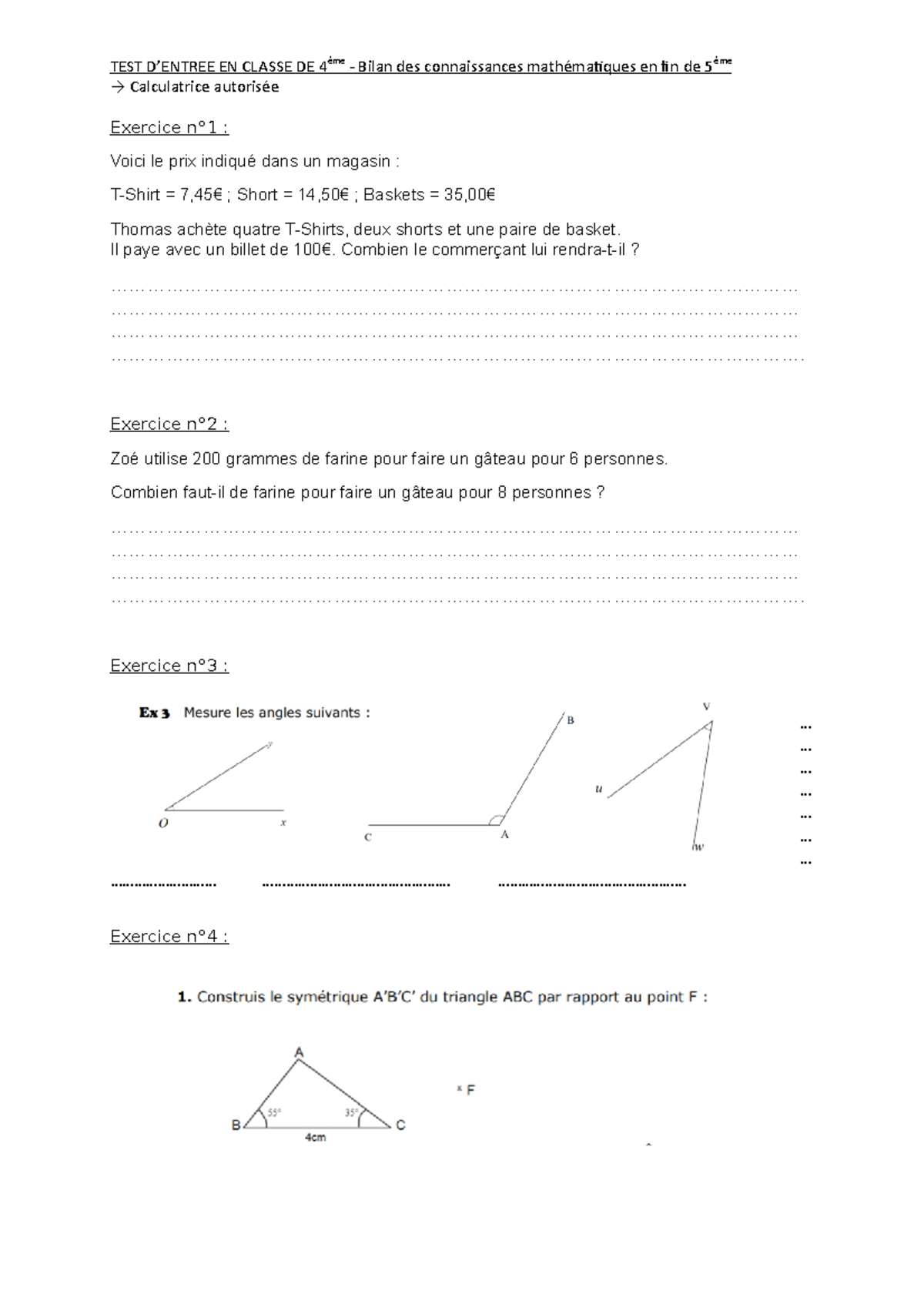 Test de niveau 4ème - Bilan Maths 5ème - Version Élève - Studocu