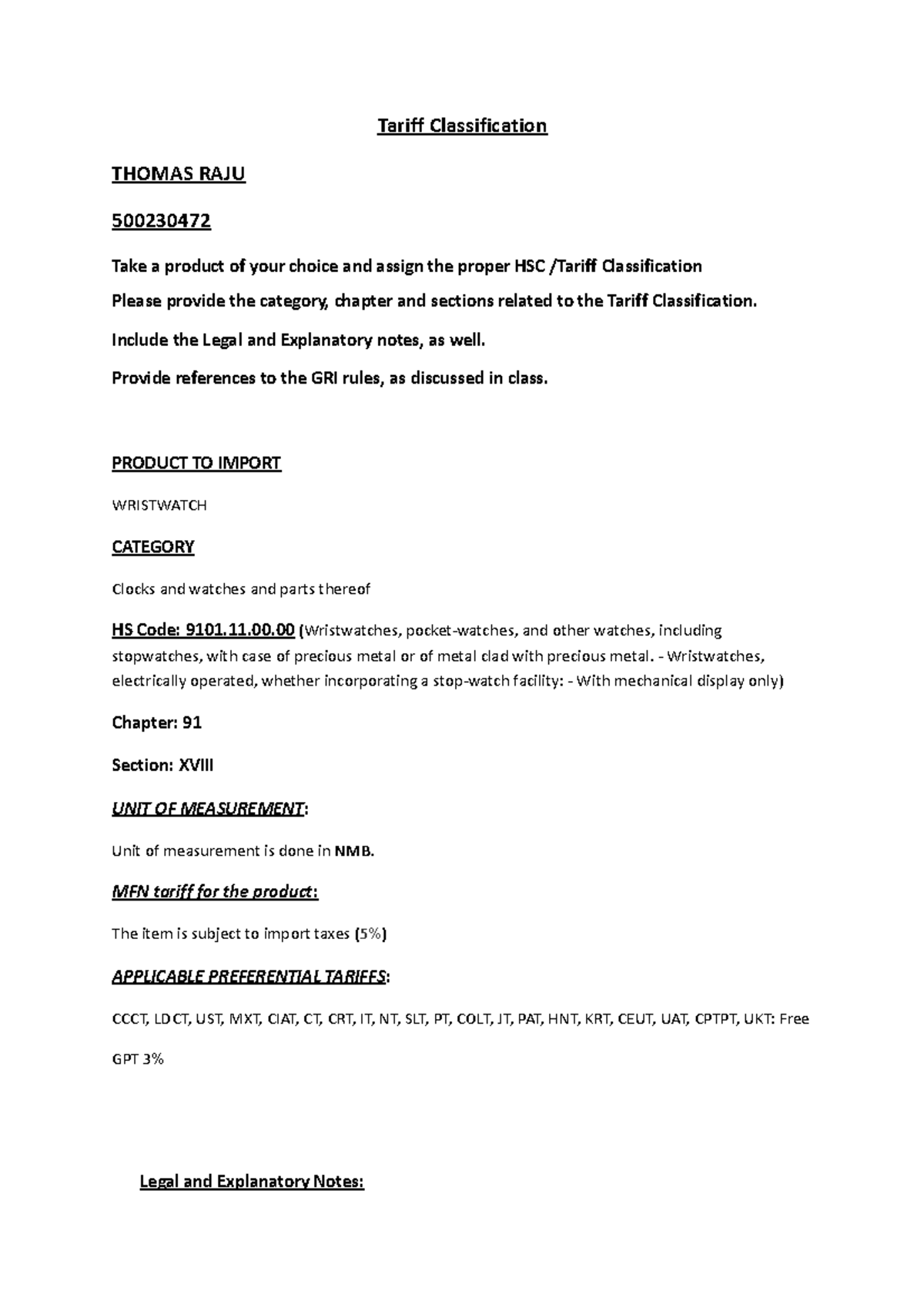Tariff Classification Assignment 2 - HS Code for Wristwatches - Studocu