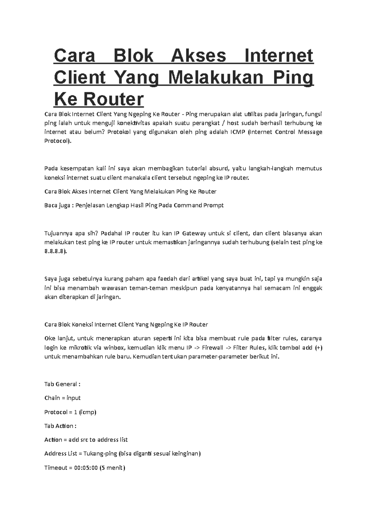 Cara Blok Akses Internet Client Yang Melakukan Ping Ke Router - Cara Blok Akses Internet Client ...