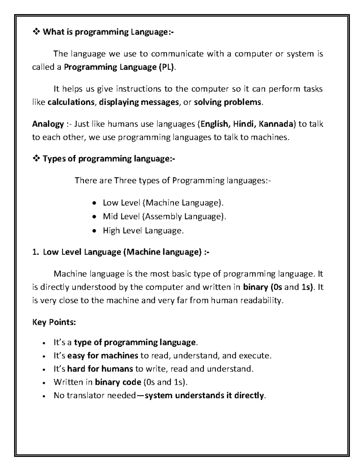 Class 1: Understanding Programming Languages and Their Types - Studocu
