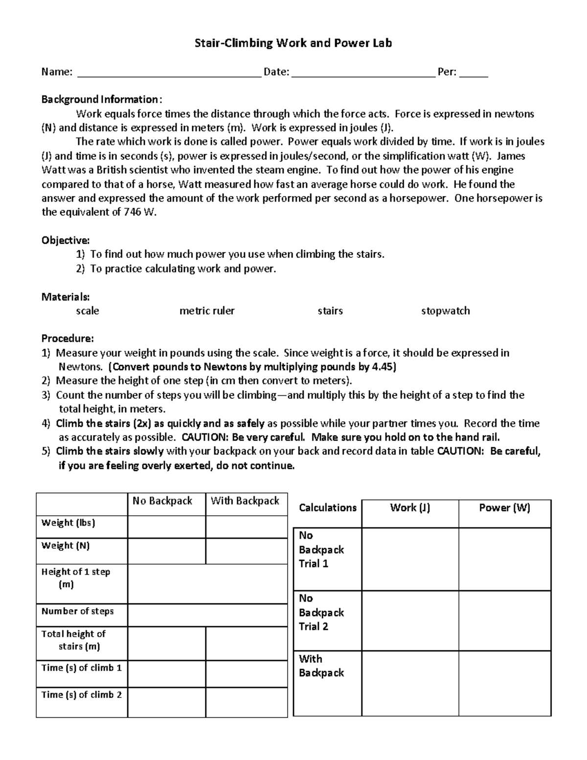 Stair Climbing Lab: Work and Power Analysis - Physics - Studocu