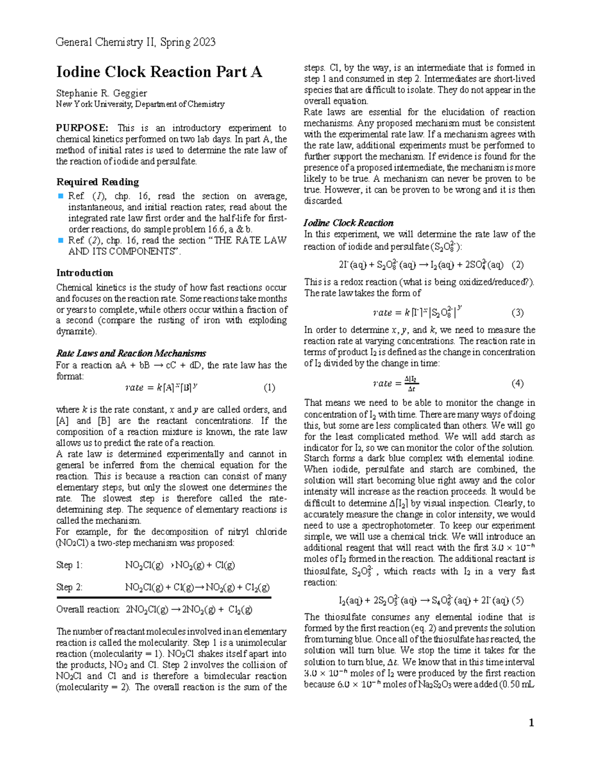 Iodine Clock Experiment Part A (Chem 101) - Rate Law Determination ...