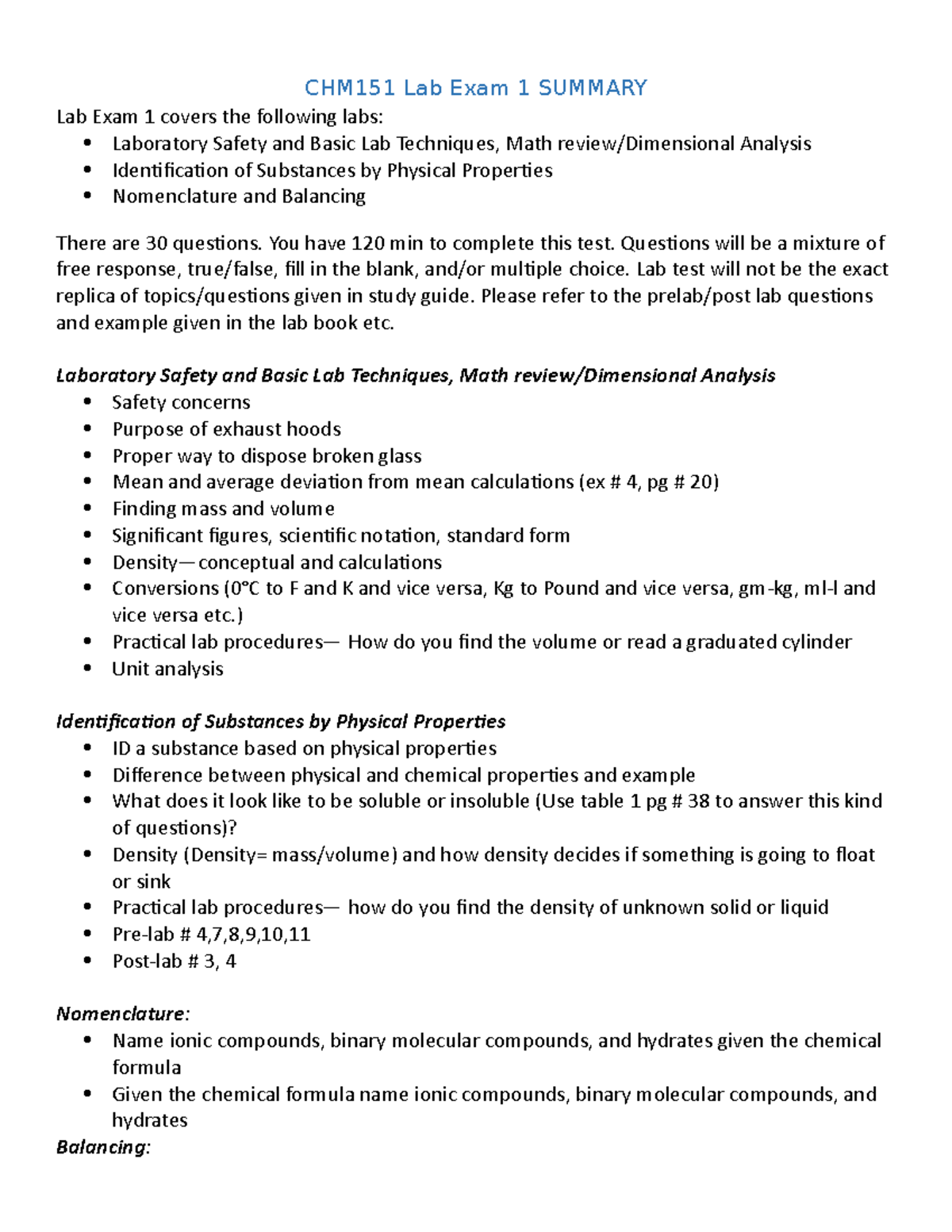 Study Guide for CHM151 Lab Test1 Exp1 2 3 - CHM151 Lab Exam 1 SUMMARY ...