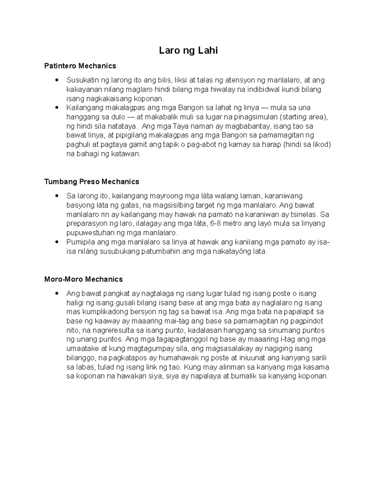 Final Exam Mechanics of Traditional Filipino Games - Studocu