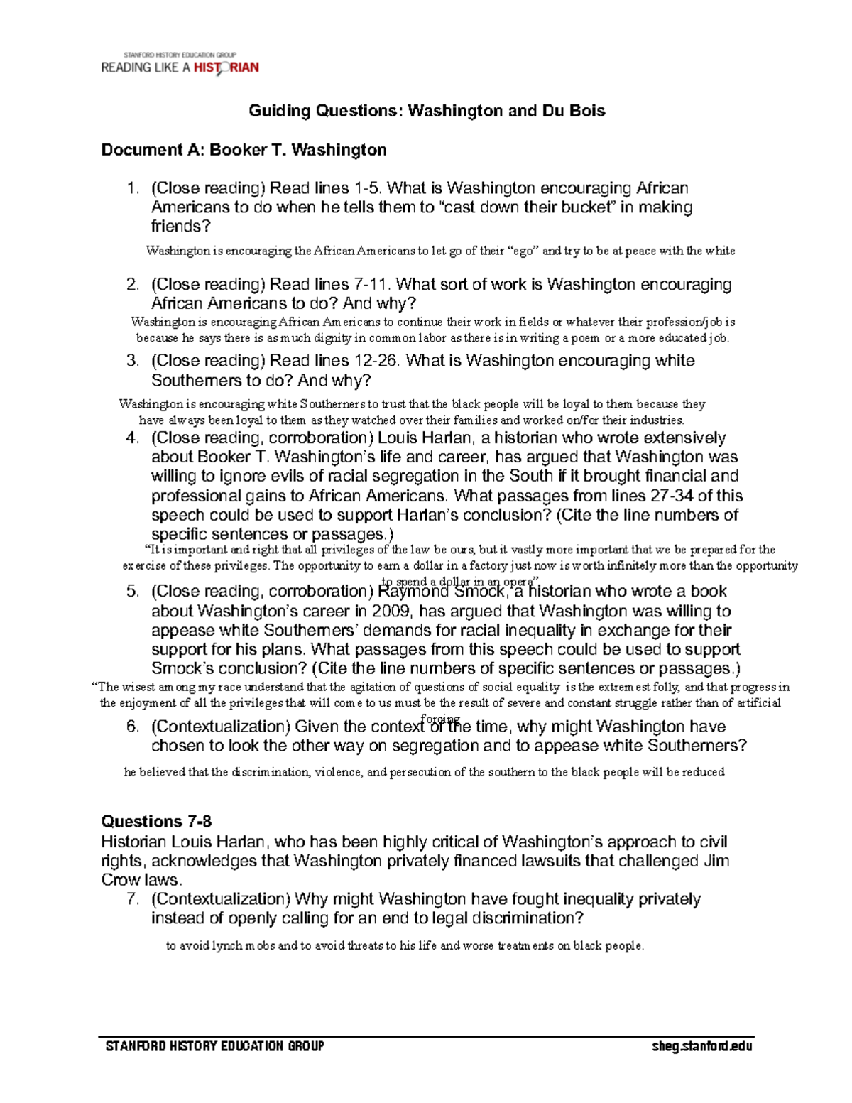 Washington and Du Bois: Key Ideas and Discussion Questions - Studocu