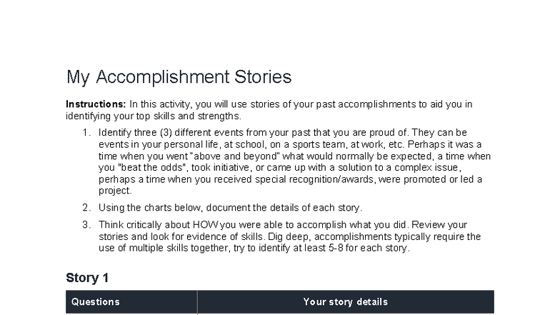Accomplishments Worksheet: Identifying Skills & Strengths - Studocu