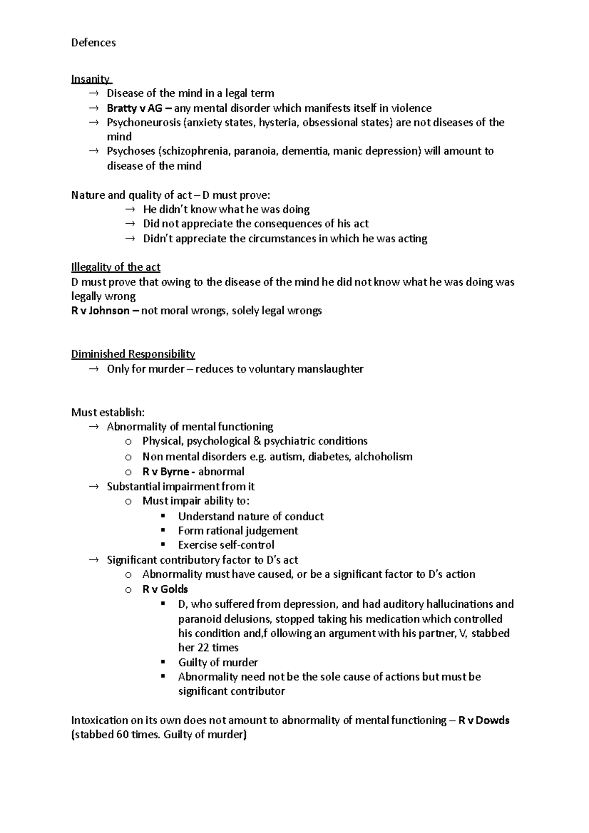Defences - Insanity Disease of the mind in a legal term Bratty v AG ...