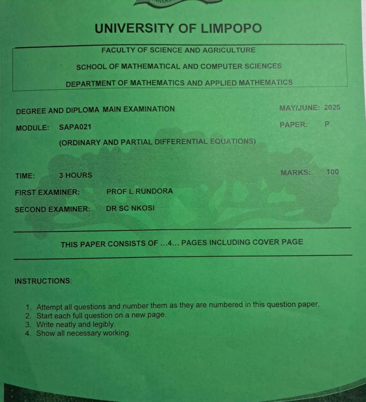 SAPA021 Test 1: Ordinary & Partial Differential Equations - 2024 - Studocu
