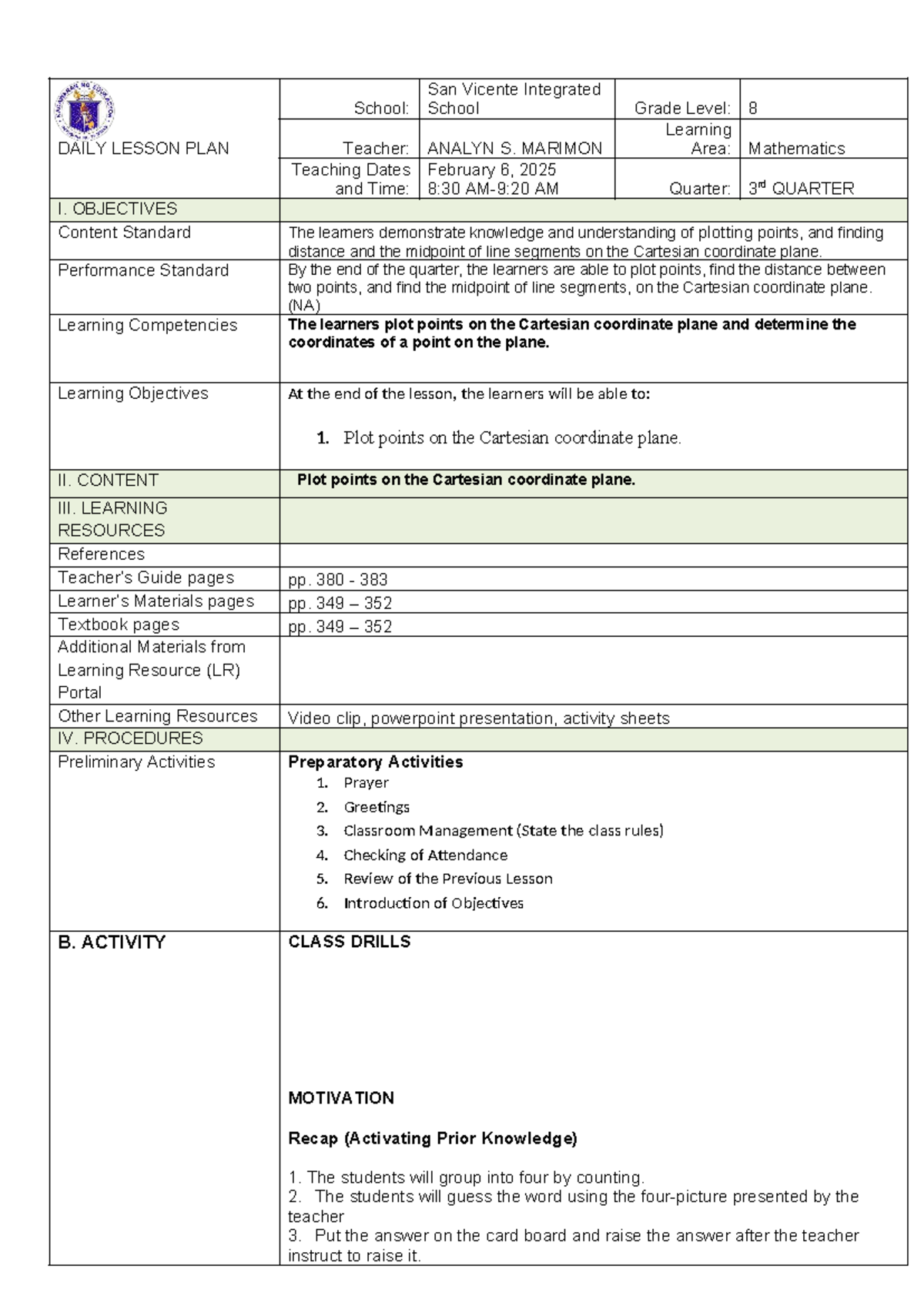 Mathematics Lesson Plan (Grade 8) - 3rd Quarter Daily Plan - Studocu