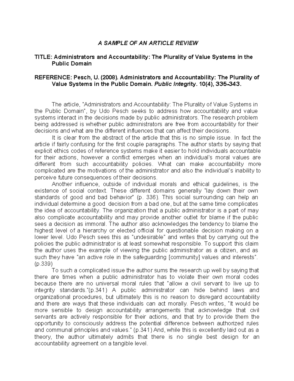 Journal Article Review Sample - A SAMPLE OF AN ARTICLE REVIEW TITLE ...