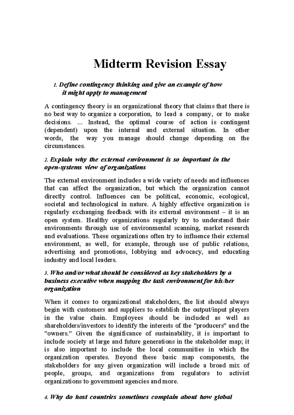 Midterm Essay: Contingency Thinking & Management Insights - Studocu