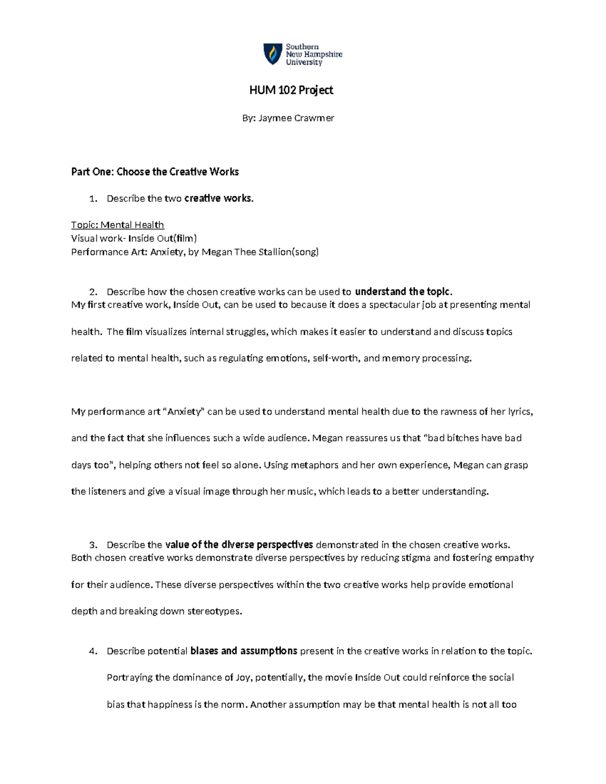 HUM 102 Final Project: Exploring Mental Health Through Creative Works ...