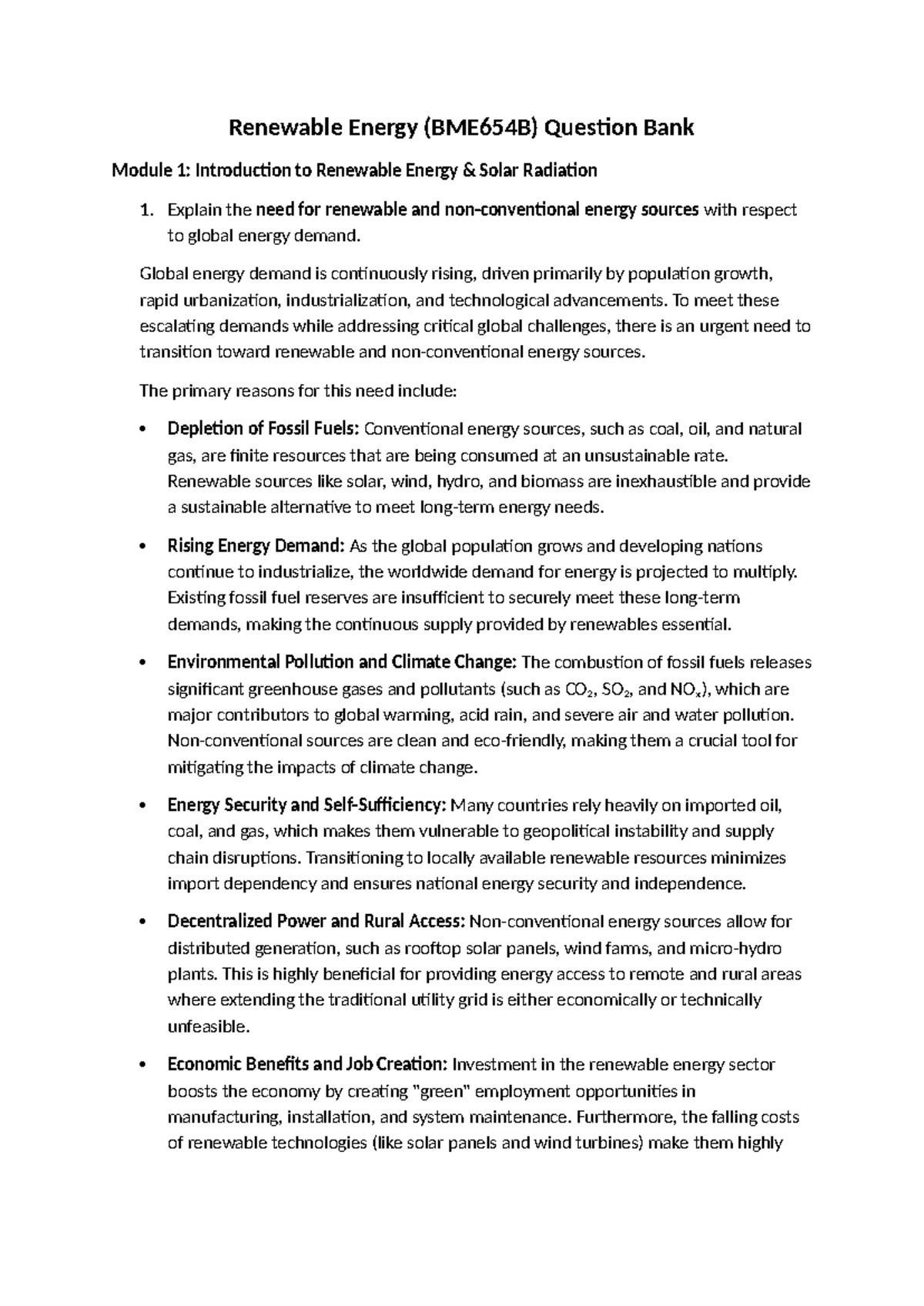 Renewable Energy (BME654B) Question Bank: Module 1 Overview - Studocu