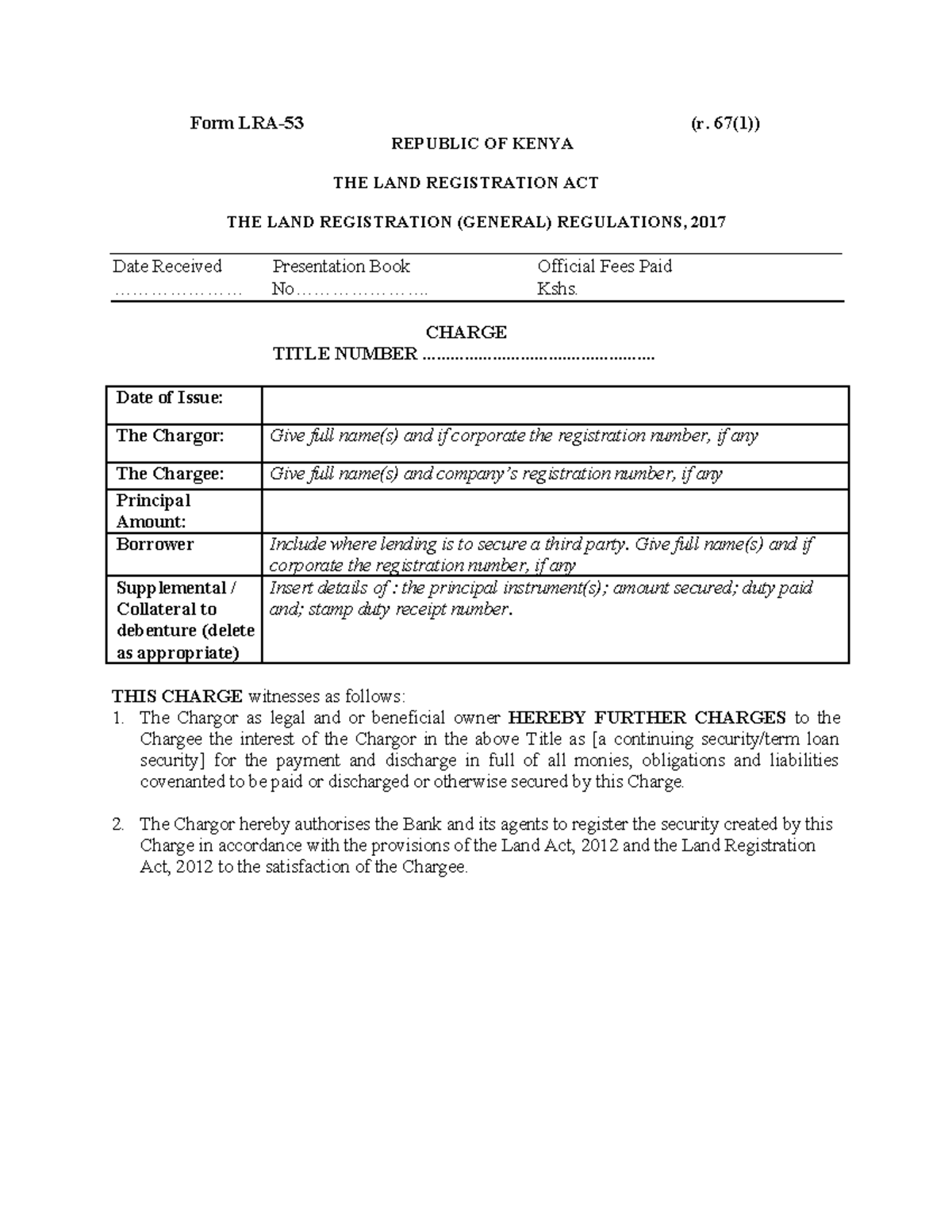 LRA-53 Charge Form Under Land Registration Act, 2017 - Studocu