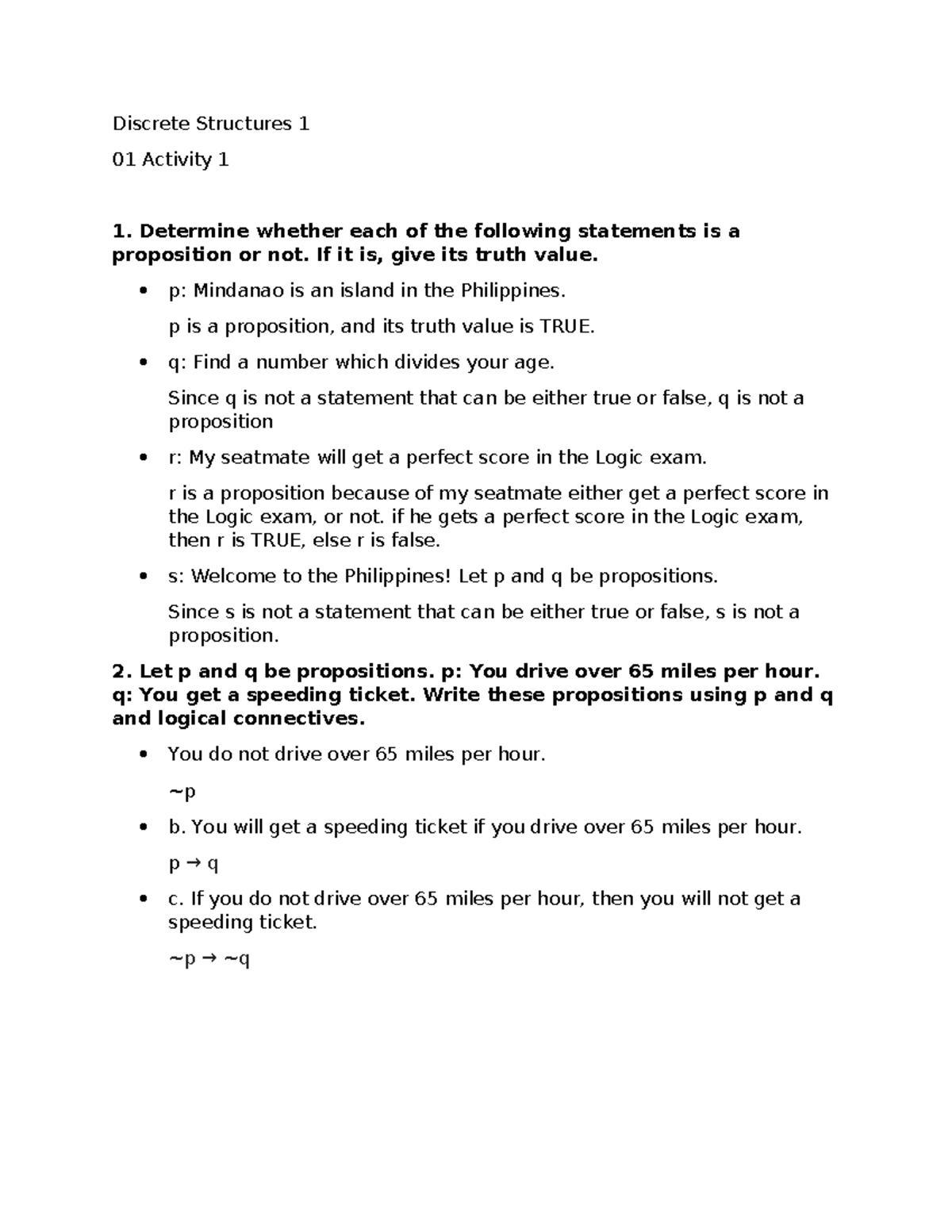 Discrete Structures 01 Activity 1: Propositions and Truth Values - Studocu