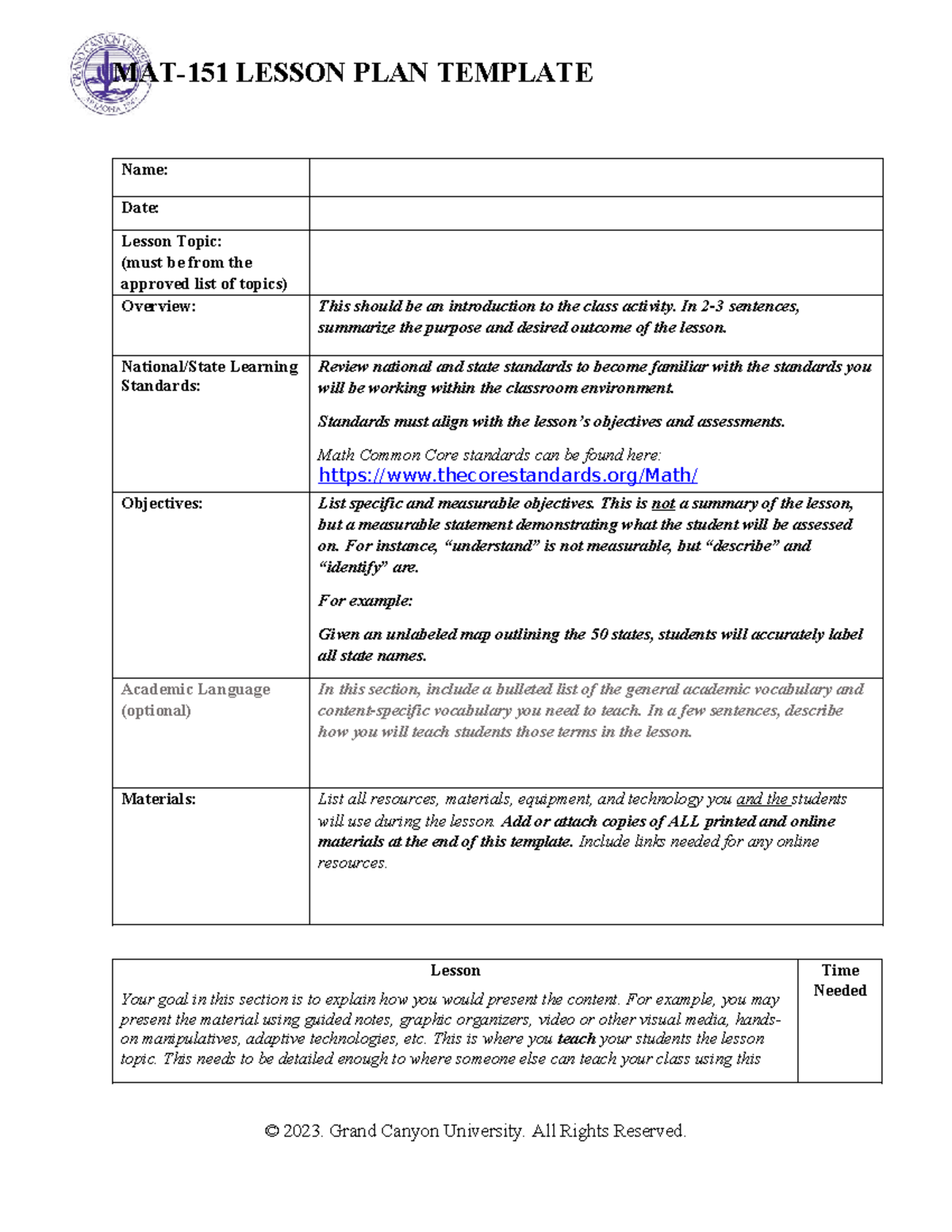 MAT-151 Lesson Plan Template: Structure and Standards Overview - Studocu