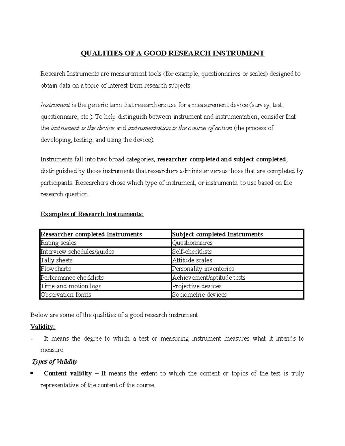Research Instruments - Lecture Notes on Validity and Reliability - Studocu