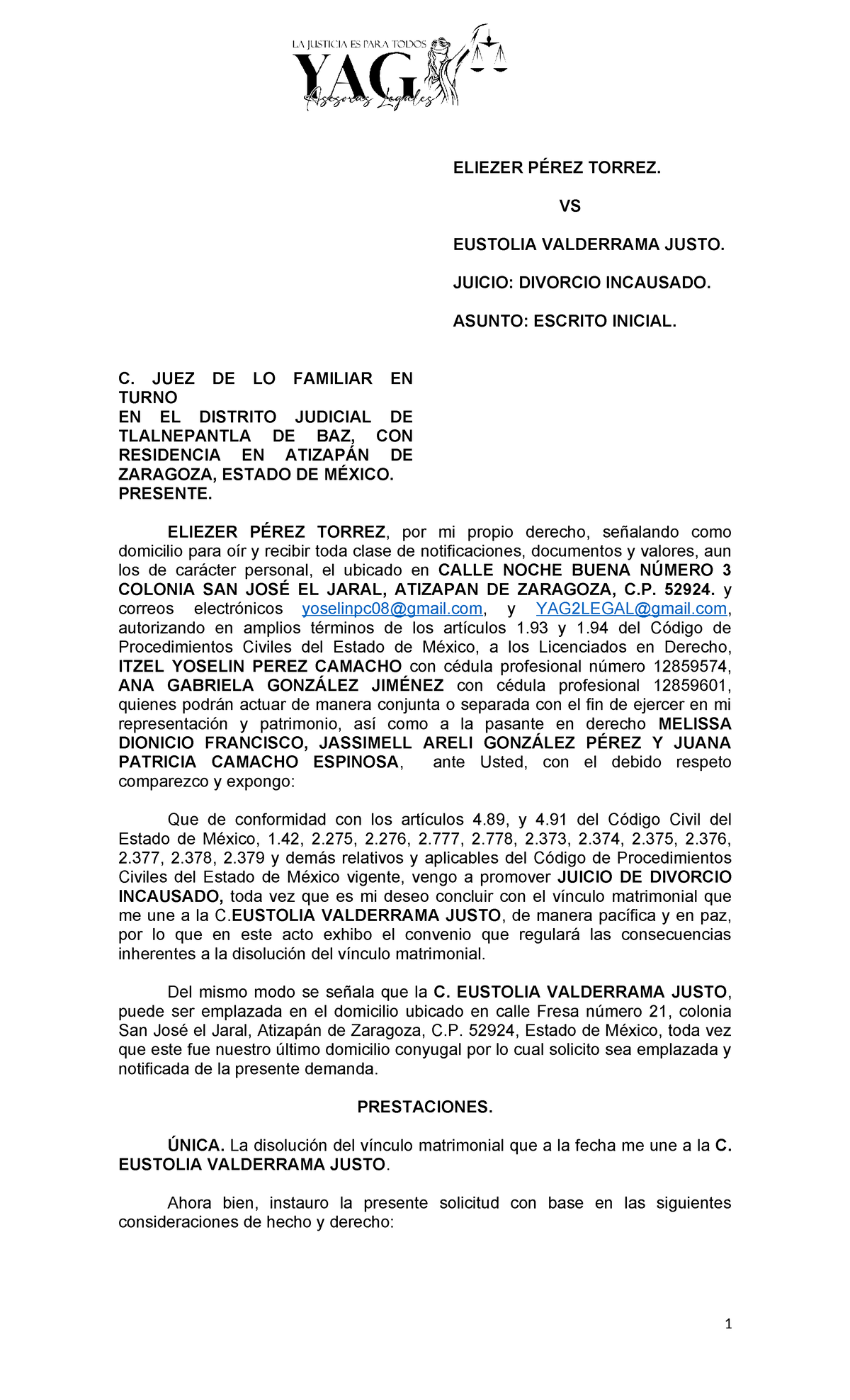 Demanda DE DIV Eliezer - ELIEZER PÉREZ TORREZ. VS EUSTOLIA VALDERRAMA ...