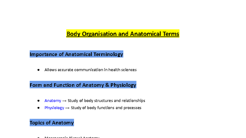 Lecture Notes on Body Organisation and Anatomical Terms - PBHM - Studocu