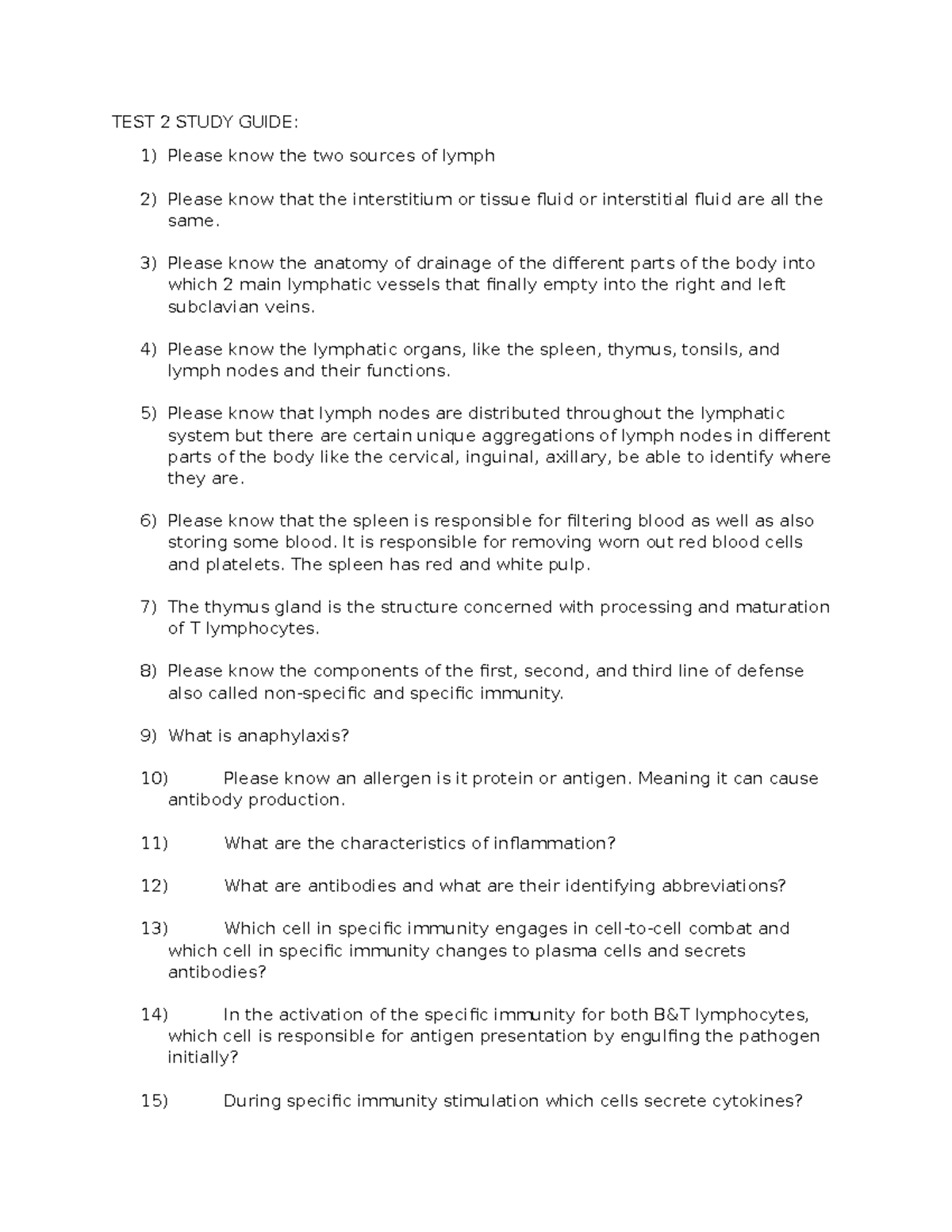 BIO102 WIB TEST 2 Study Guide: Lymphatic System & Immunity - Studocu
