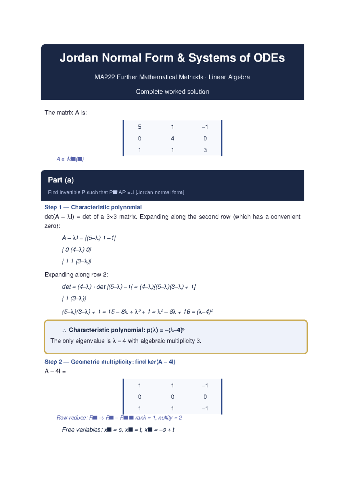 Jordan Normal Form of ODEs: Complete Worked Solution (MATH 301) - Studocu