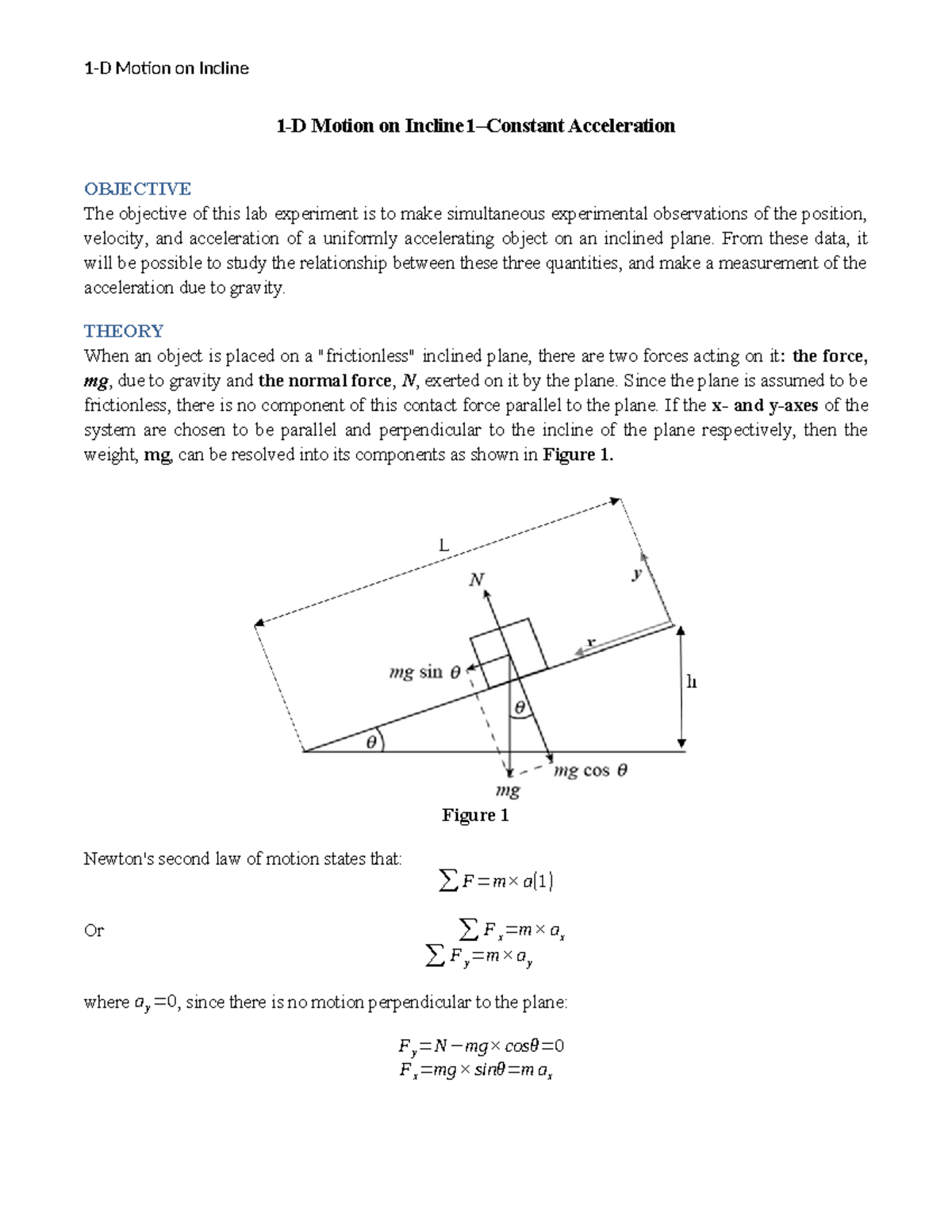 Lab-2: 1-D Motion on Incline Experiment and Data Analysis - Studocu
