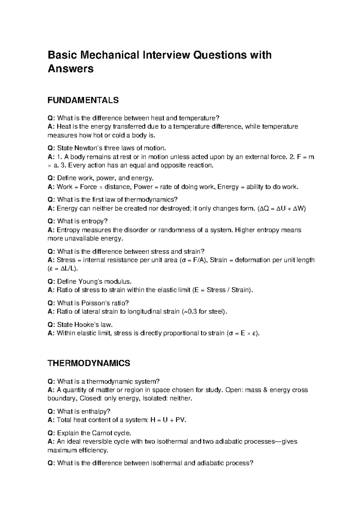 Basic Mechanical Engineering Interview Q&A - FUNDAMENTALS - Studocu