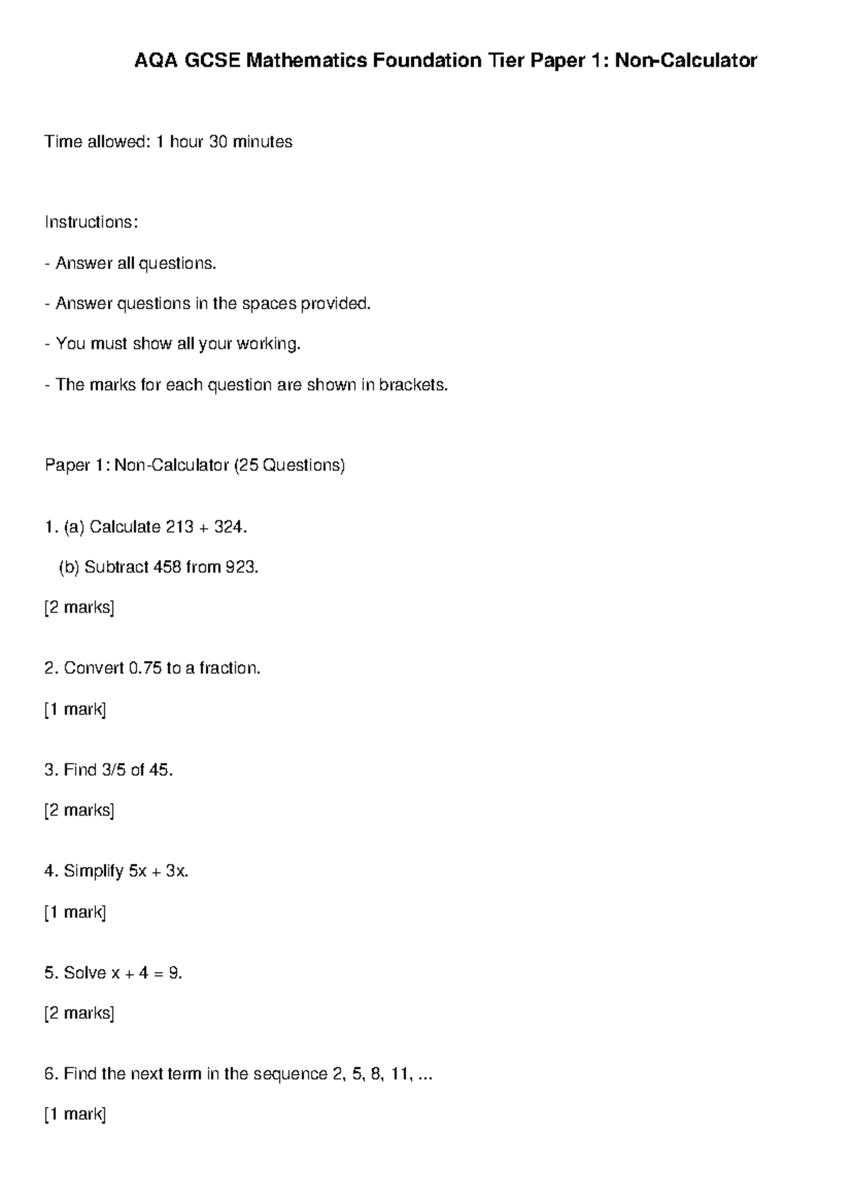 AQA GCSE Math Mock Paper 1 - Non-Calculator Practice Exam - Studocu