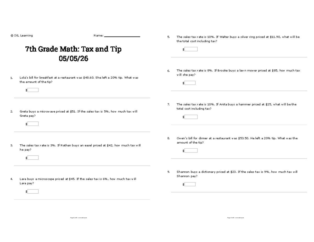 7th Grade Math: Tax and Tip Practice Problems 050526 - Studocu