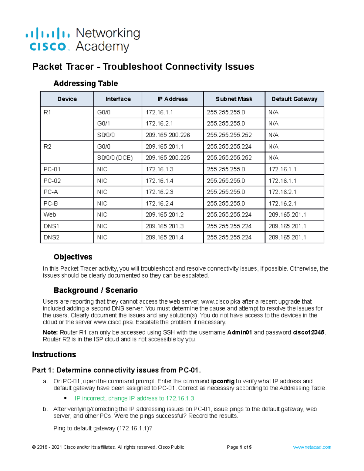 1776 Packet Tracer Troubleshoot Connectivity Issues Addressing Table Device Interface Ip
