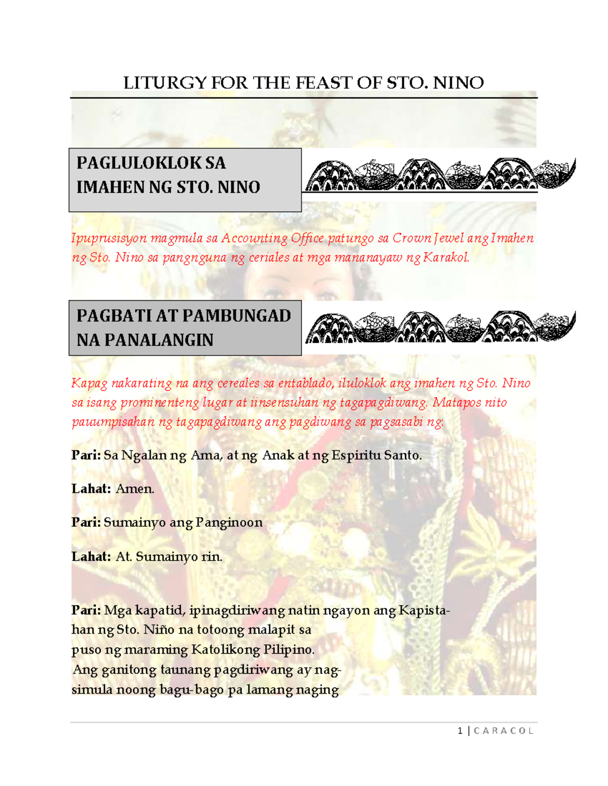 Karakol Script for the Feast of Sto. Niño Celebration - Studocu