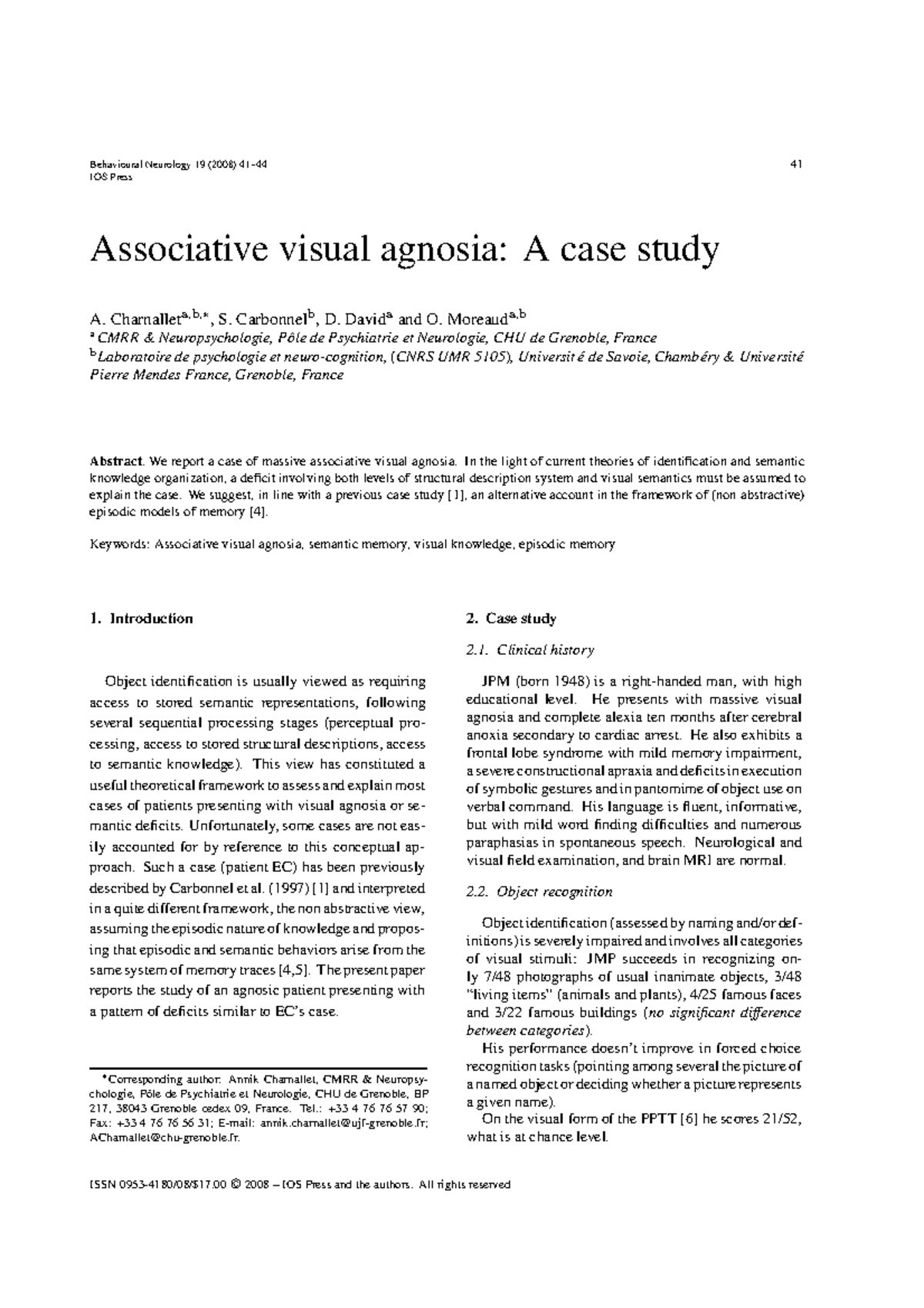 Final Exam Case Study on Associative Visual Agnosia: JPM's Deficits ...