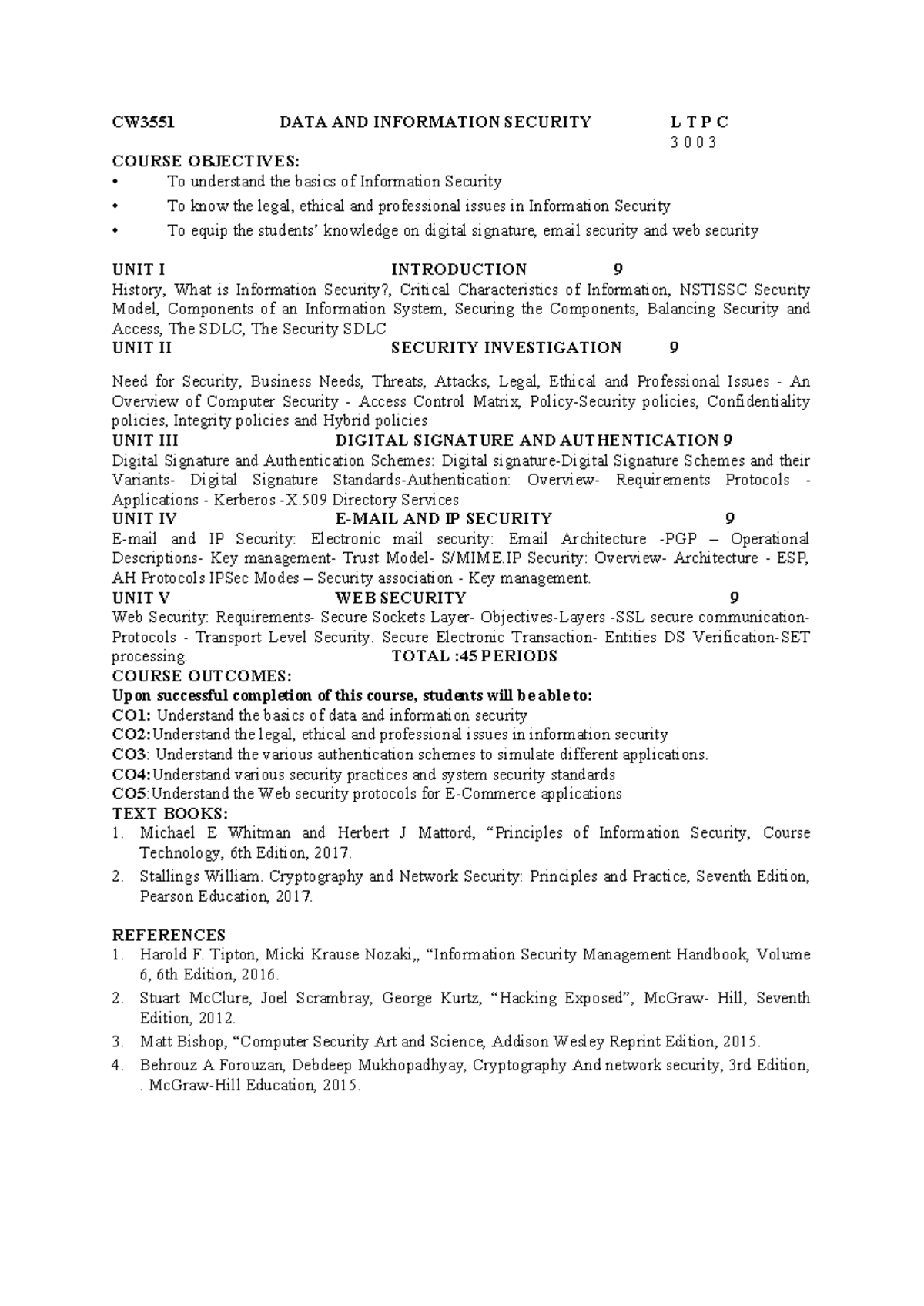 CW3551 Data and Information Security Syllabus Overview and Objectives - Studocu
