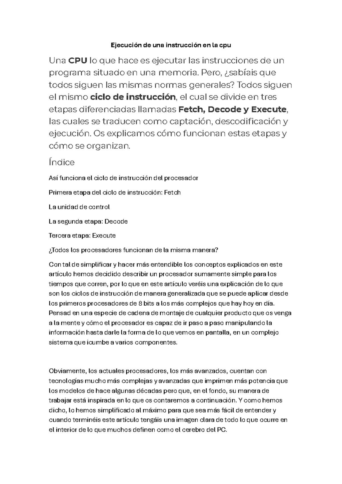 Ejecución de Instrucciones en la CPU: Ciclo Fetch, Decode, Execute ...