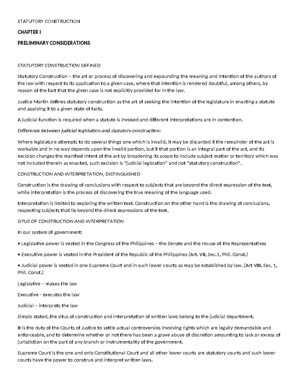 STATUTORY CONSTRUCTION: CHAPTER I - PRELIMINARY CONSIDERATIONS - Studocu